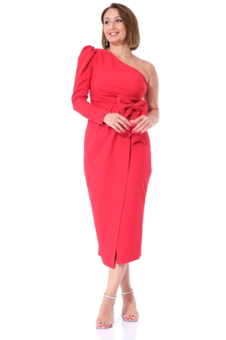 Red Crepe Single Sleeve Midi Dress | All | Fervente