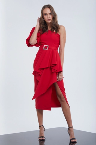Red Crepe Single Sleeve Midi Dress | All | Fervente