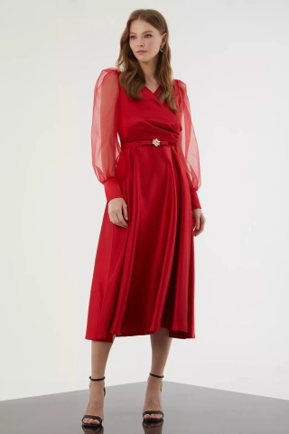 Red Satin Long Sleeve Midi Dress | All | Fervente