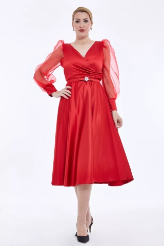 Red Plus Size Satin Long Sleeve Midi Dress | All | Fervente