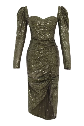 Khaki Stamp Sequins Long Sleeve Maxi Dress | All | Fervente