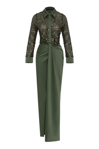 Khaki Stamp Sequins Short Sleeve Long Dress | All | Fervente