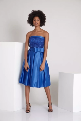Saxon Blue Satin Strapless Mini Dress | Night Dresses | KeiKei