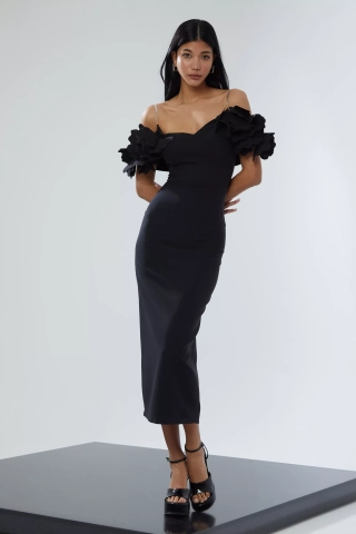 Siyah Krep Kolsuz Uzun Elbise | Krep Elbiseler | KeiKei