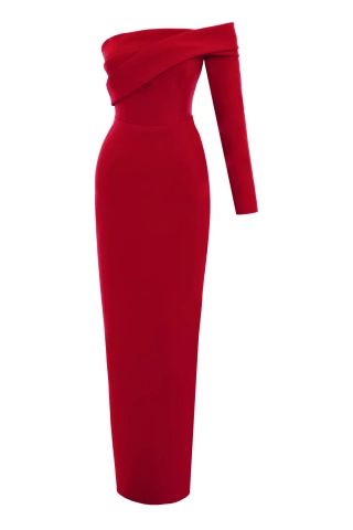 Red Crepe One Arm Long Dress | Henna Dresses | KeiKei