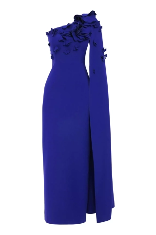 Blue Crepe One Arm Long Dress | Crape Dresses | KeiKei