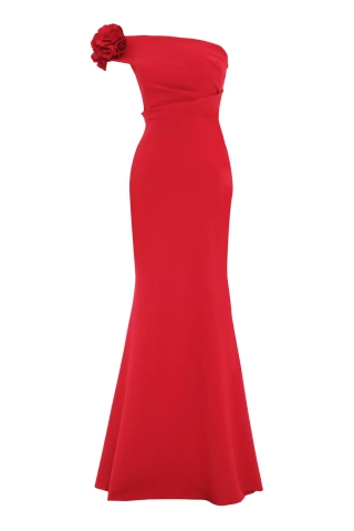 Red Crepe One Arm Long Dress | Crape Dresses | KeiKei